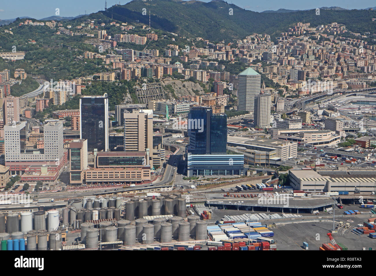 GENOA, ITALY - AUGUST 27, 2018 Italy, aerial view of Genoa industrial ...