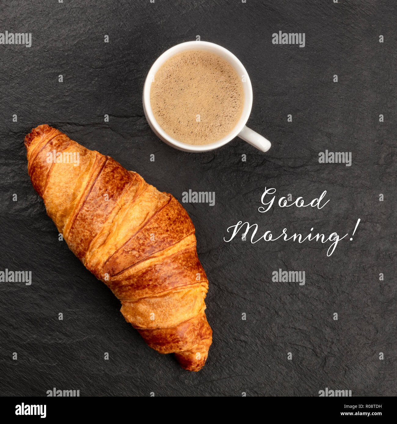 Good Morning Card. A photo of a croissant with a cup of coffee, shot ...
