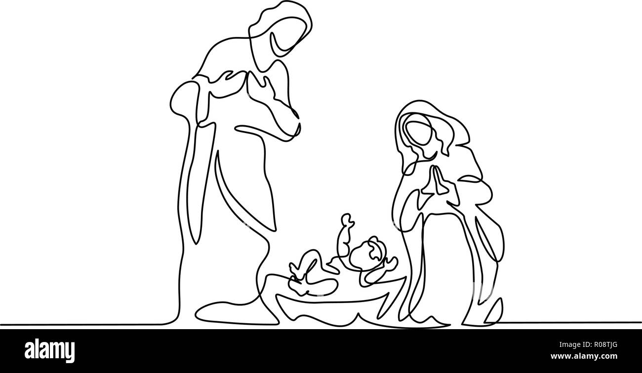 Continuous one line drawing. Bible Merry christmas scene of holy family ...