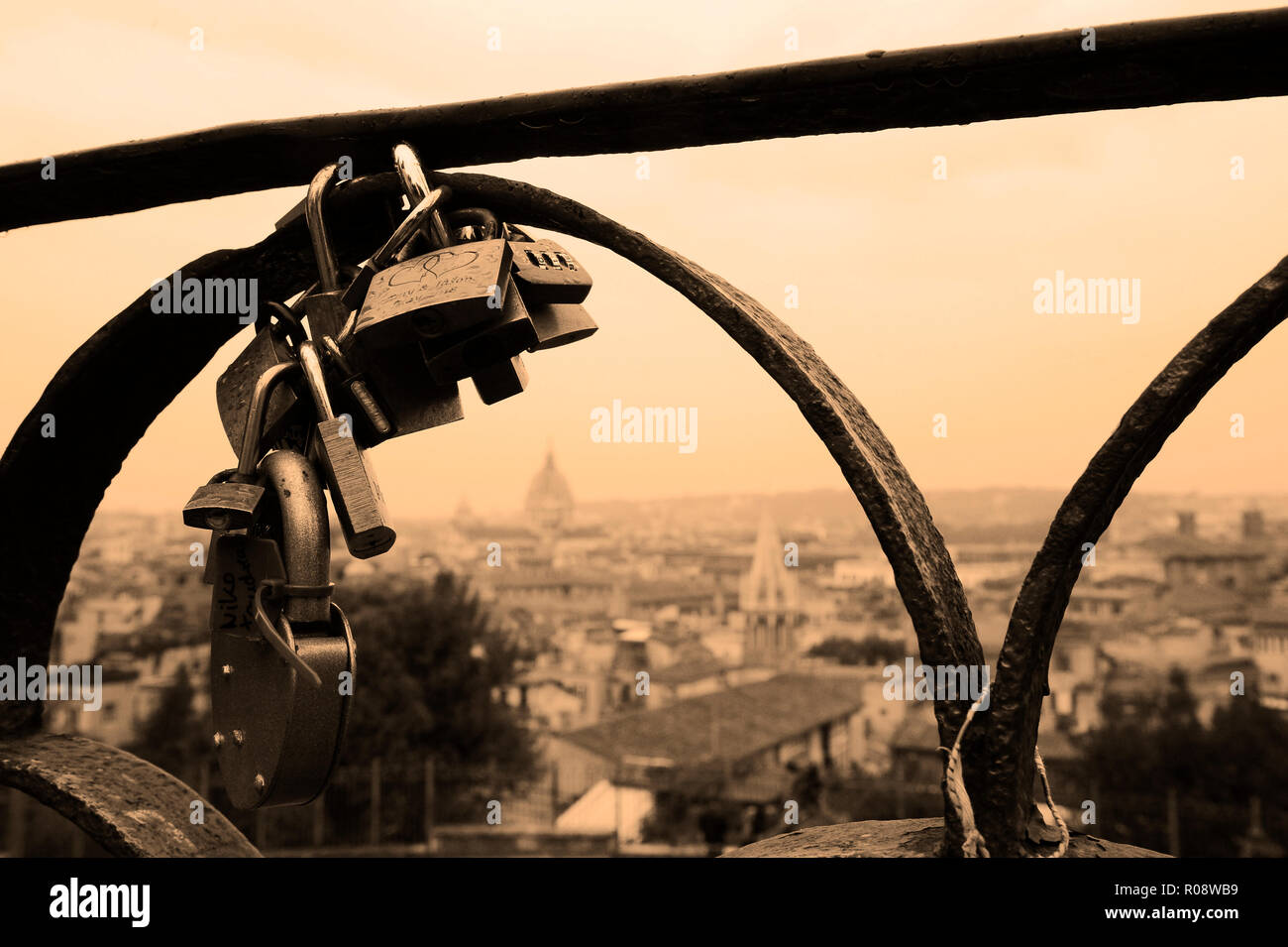 Rome, Italy - October 12, 2018: Lovers padlocks on a bridge. View from ...