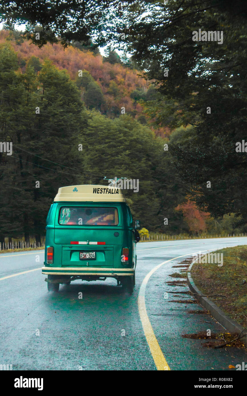 Volkswagen Van on a road trip at the Austral Rute. He is peruvian, she ...