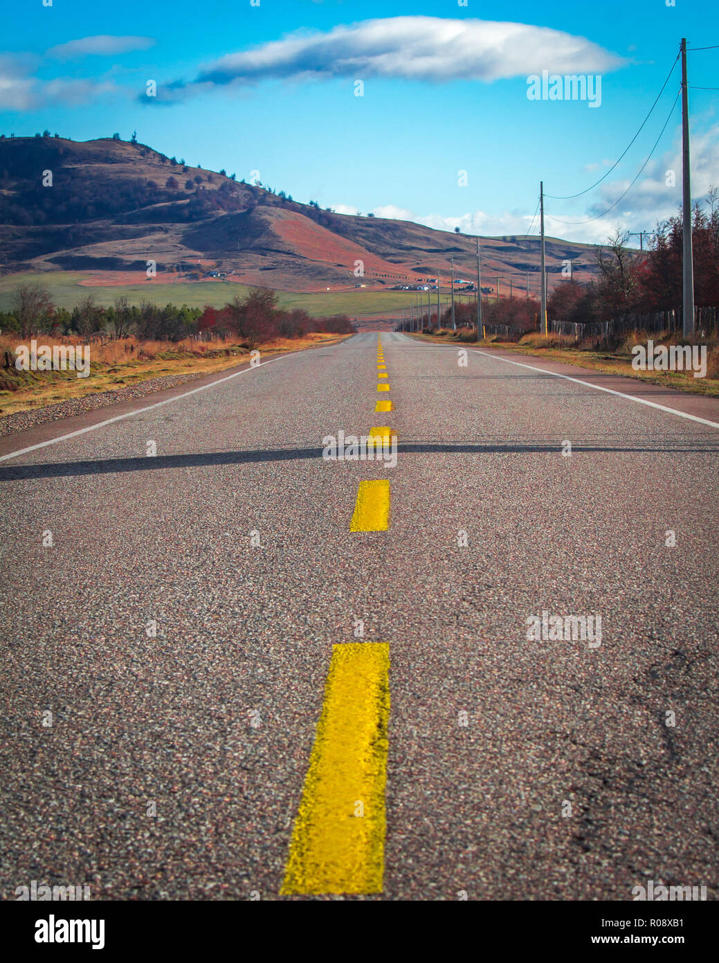Sunny day and road close up with yellow stripes at the landscape of the ...