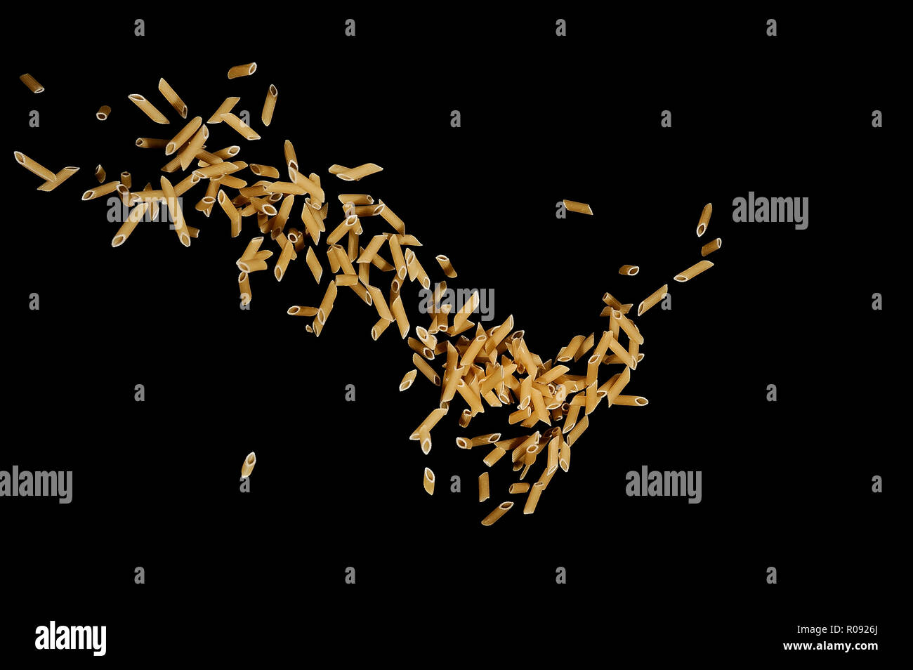 Flying pasta isolated on black background. Abstract macaroni falling ...