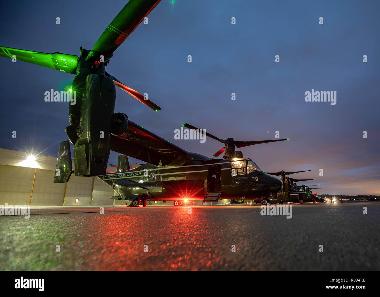 A U.S. Marine Corps MV-22 Osprey sits on the flight deck before flying ...