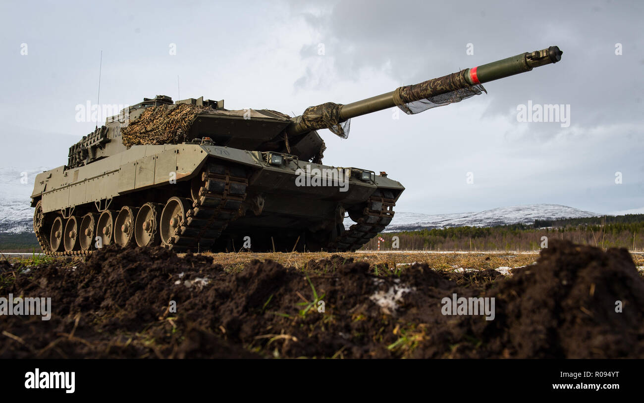 A Spanish Army Leopard 2E tank holds a defensive position during ...