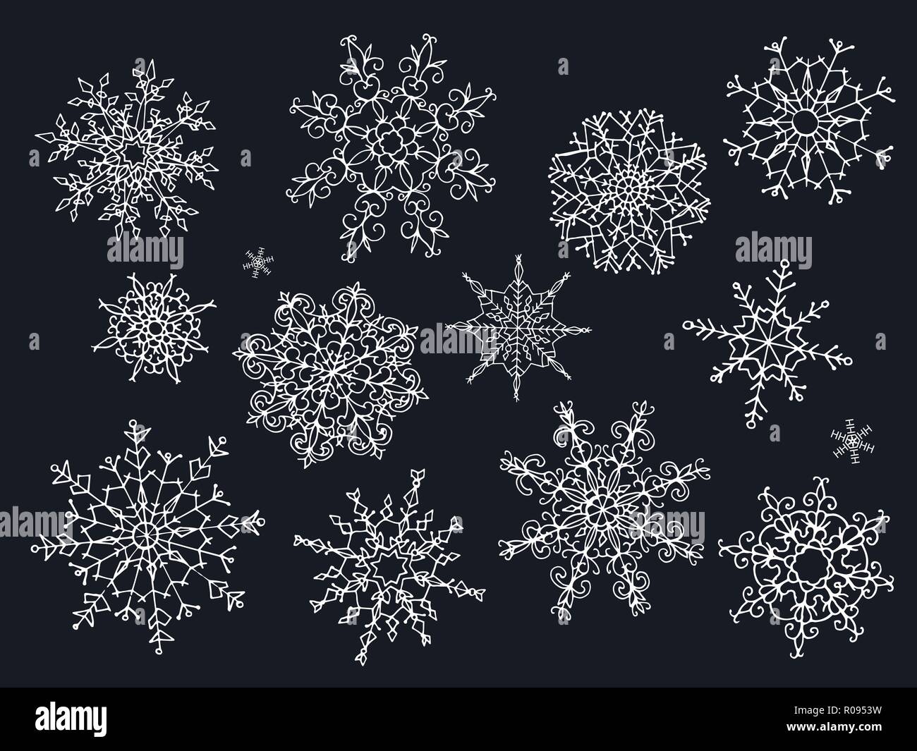 Big set of hand drawn doodle style snowflakes isolated on black ...