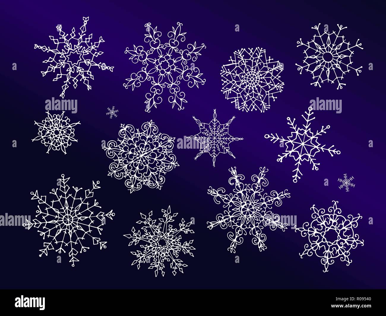 Set of hand drawn doodle style snowflakes isolated on dark background ...