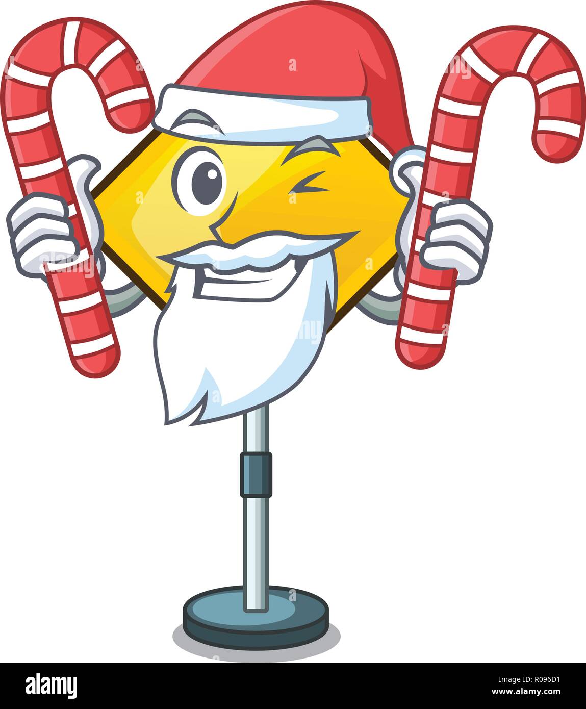 Santa with candy warning sign with exclamation mark mascot Stock Vector ...