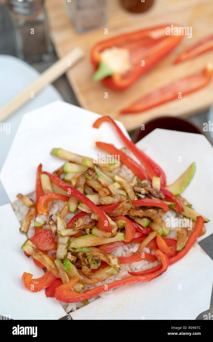 Asian white rice with vegetables in a paper box Stock Photo - Alamy