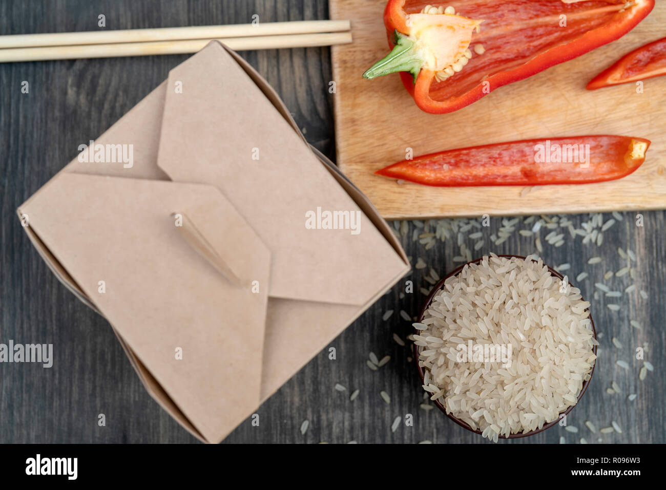 Asian white rice with vegetables in a paper box Stock Photo - Alamy