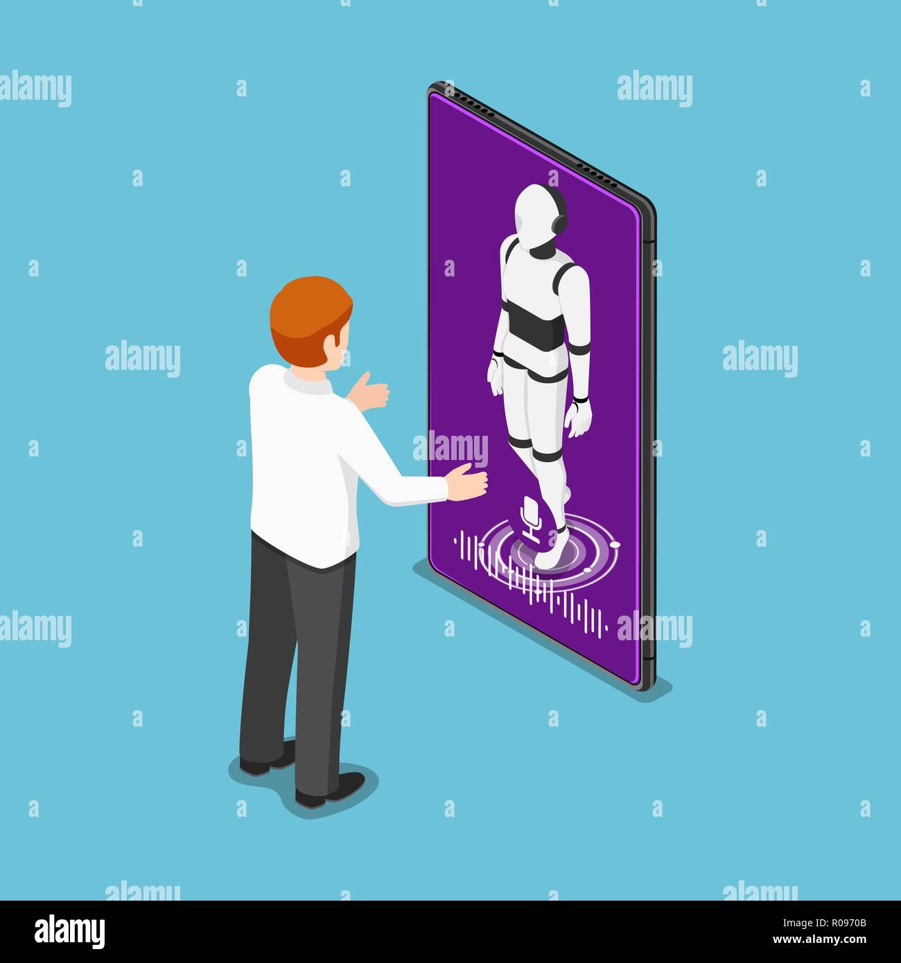 Flat 3d isometric businessman talking with ai robot in smartphone ...