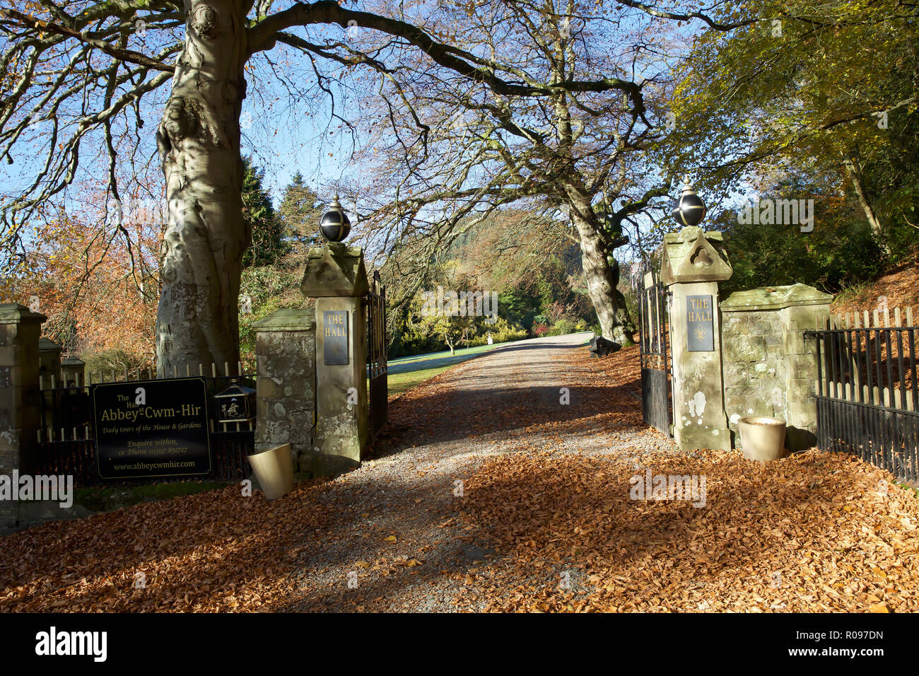 The main gates to The Hall at Abbey-Cwm-Hir Stock Photo - Alamy