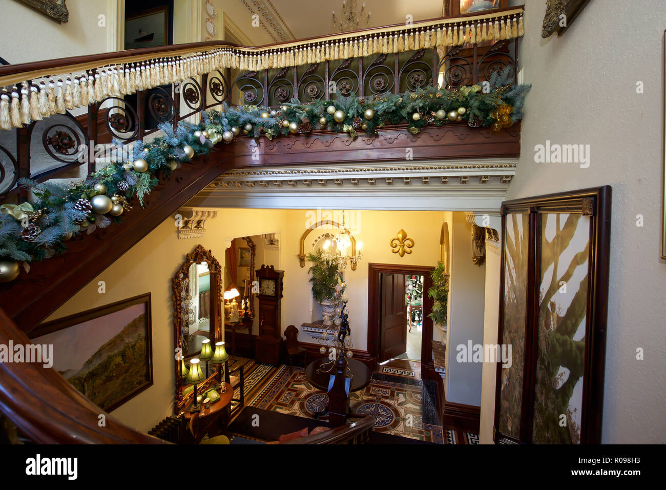 Staircase and hallway in The Hall at Abbey-Cwm-Hir Stock Photo - Alamy