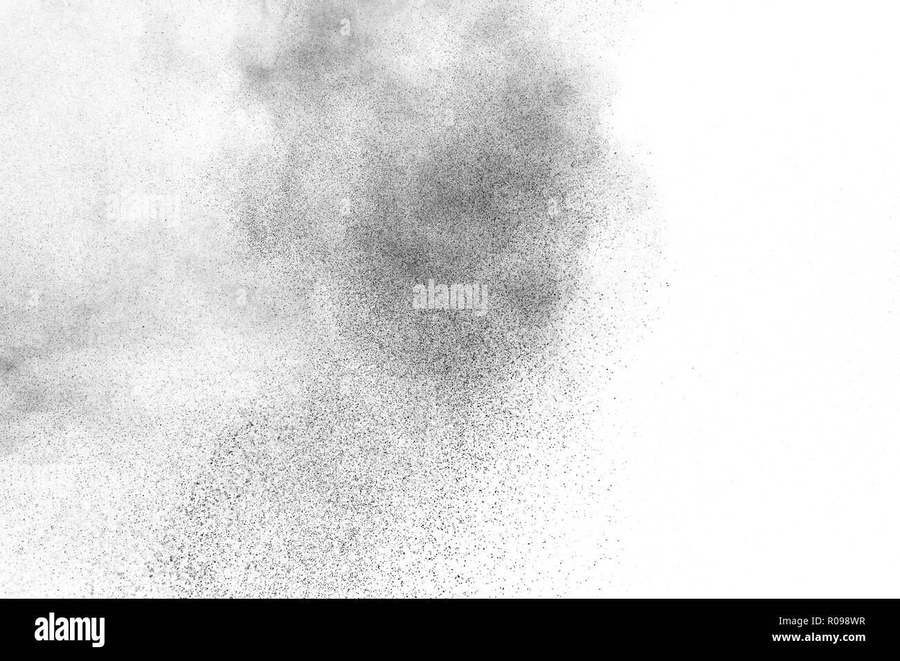 Black particles explosion isolated on white background. Abstract dust ...