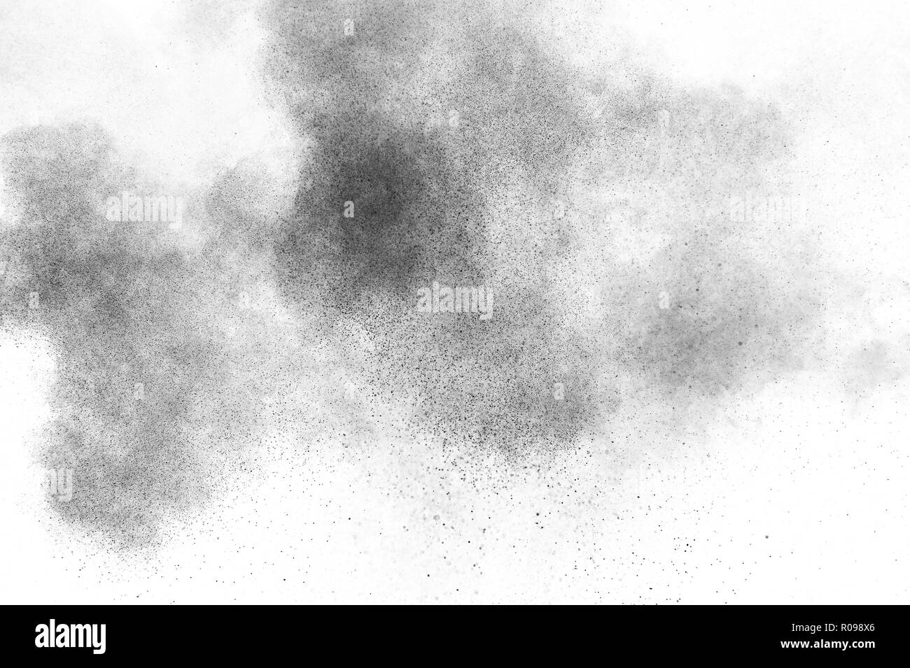 Black particles explosion isolated on white background. Abstract dust ...