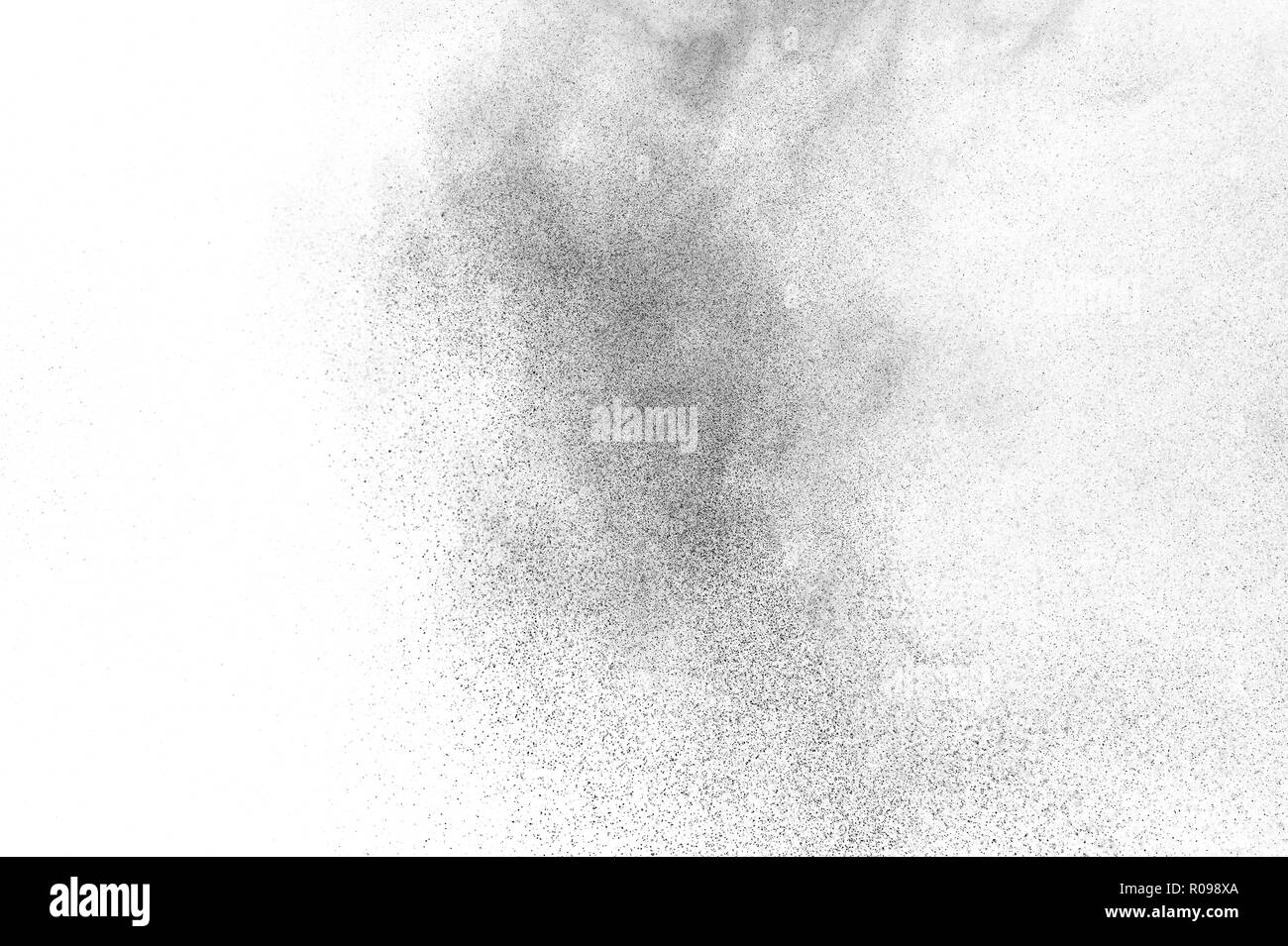 Black particles explosion isolated on white background. Abstract dust ...