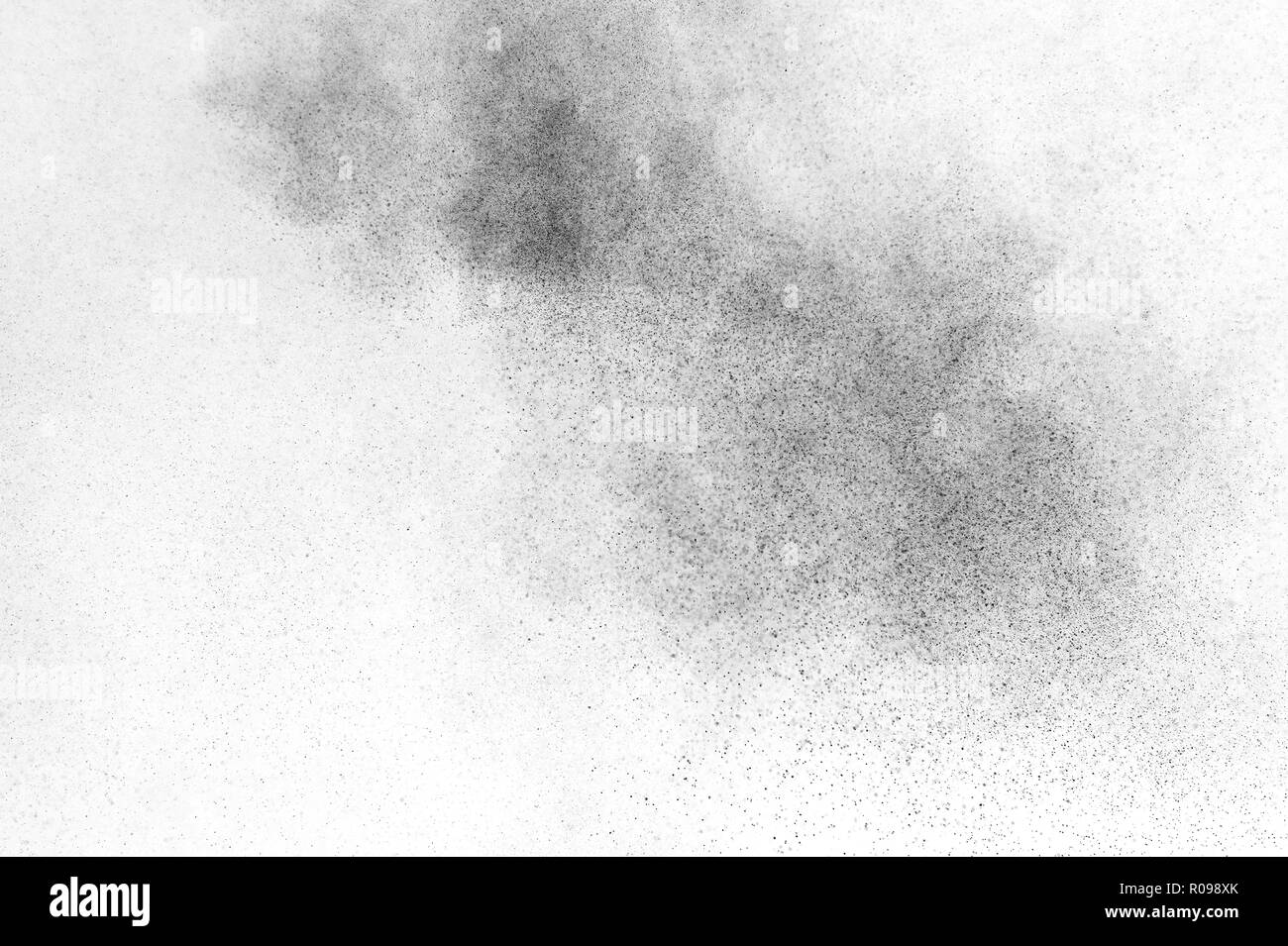 Black particles explosion isolated on white background. Abstract dust ...