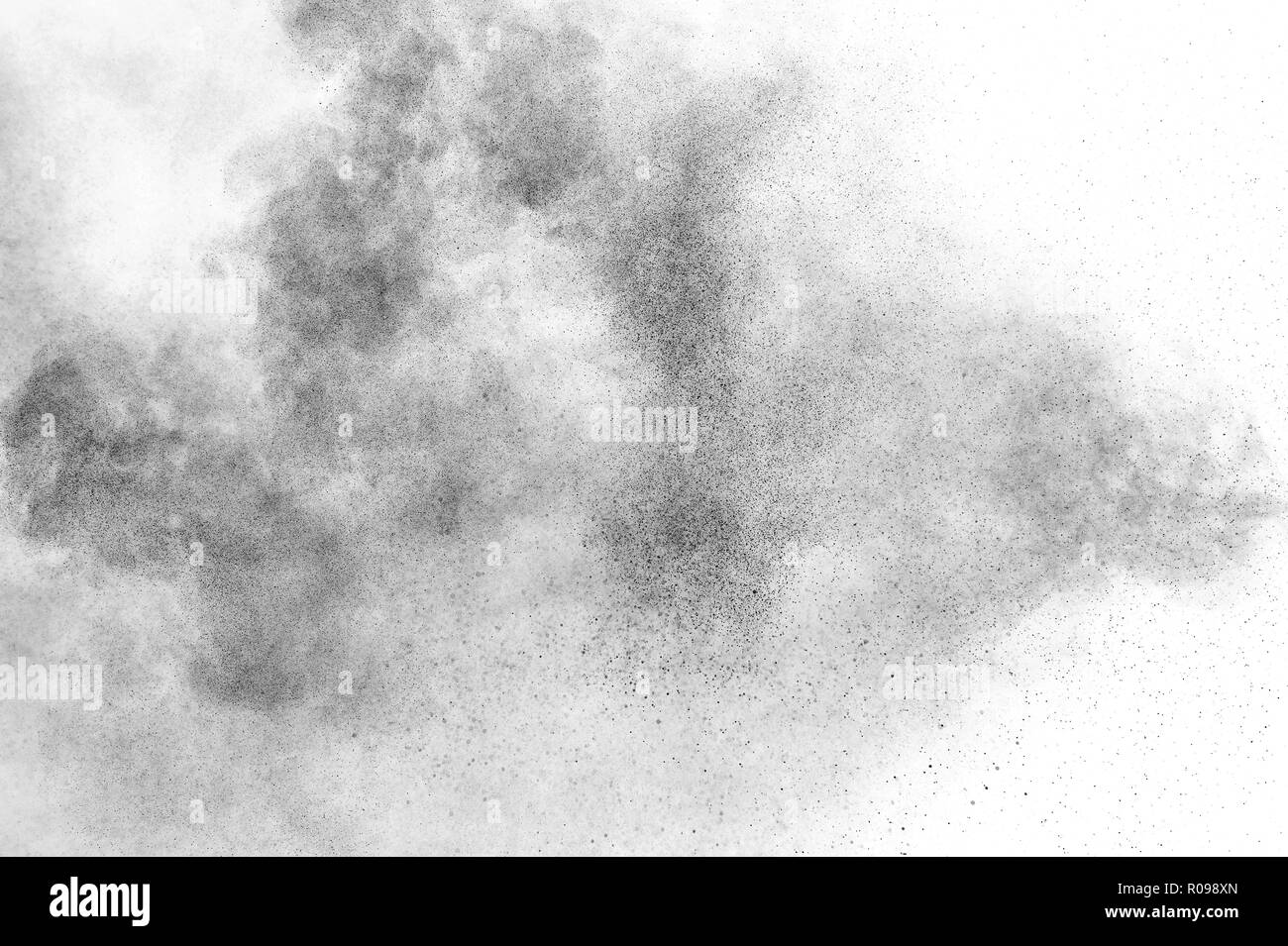 Black particles explosion isolated on white background. Abstract dust ...
