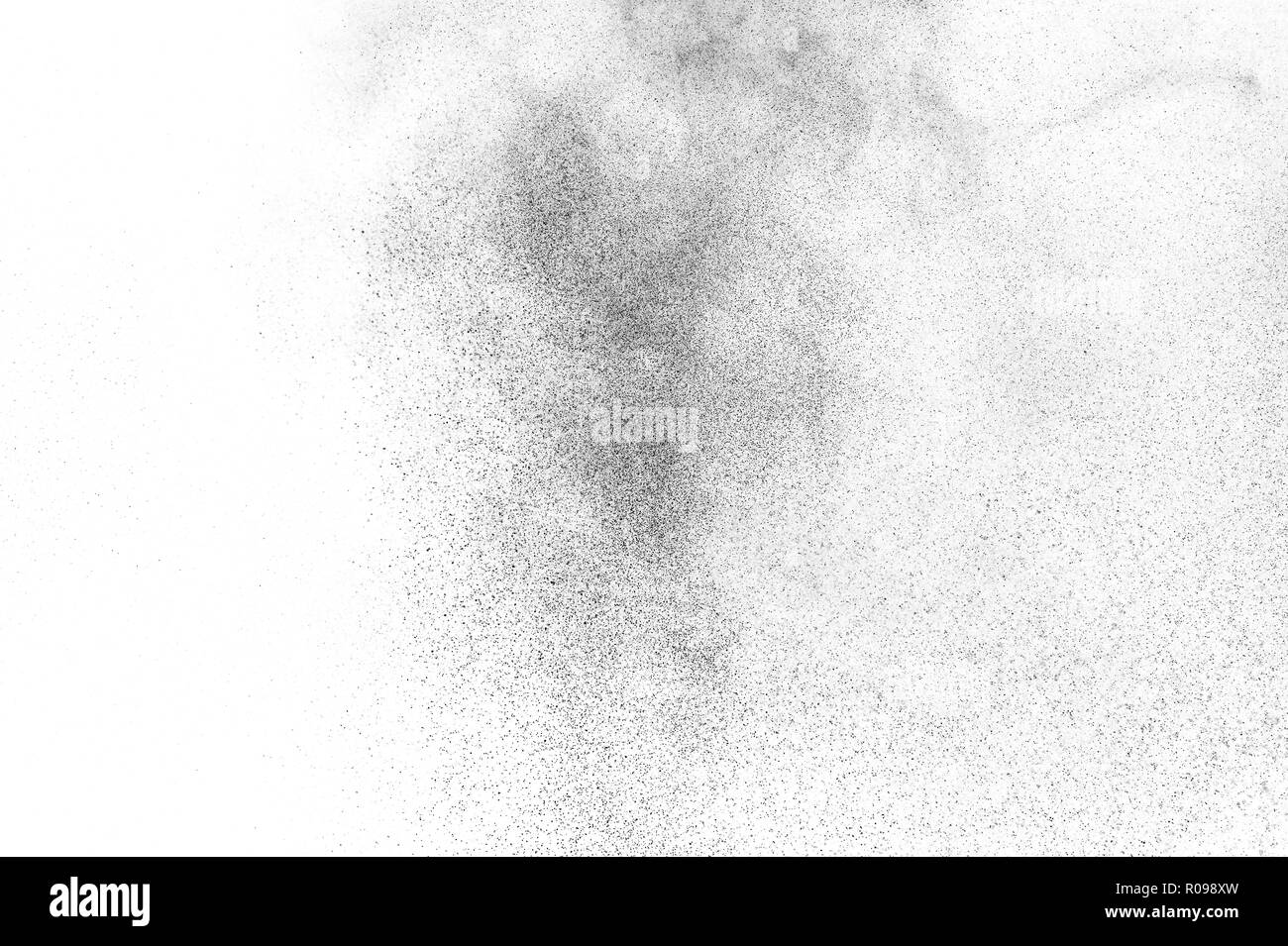 Black particles explosion isolated on white background. Abstract dust ...