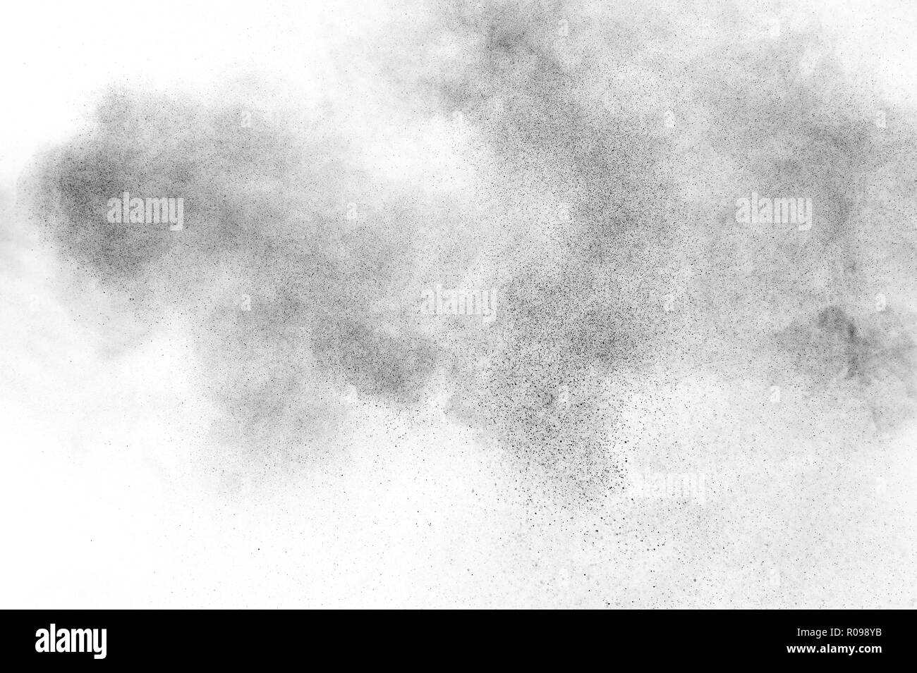 Black particles explosion isolated on white background. Abstract dust ...