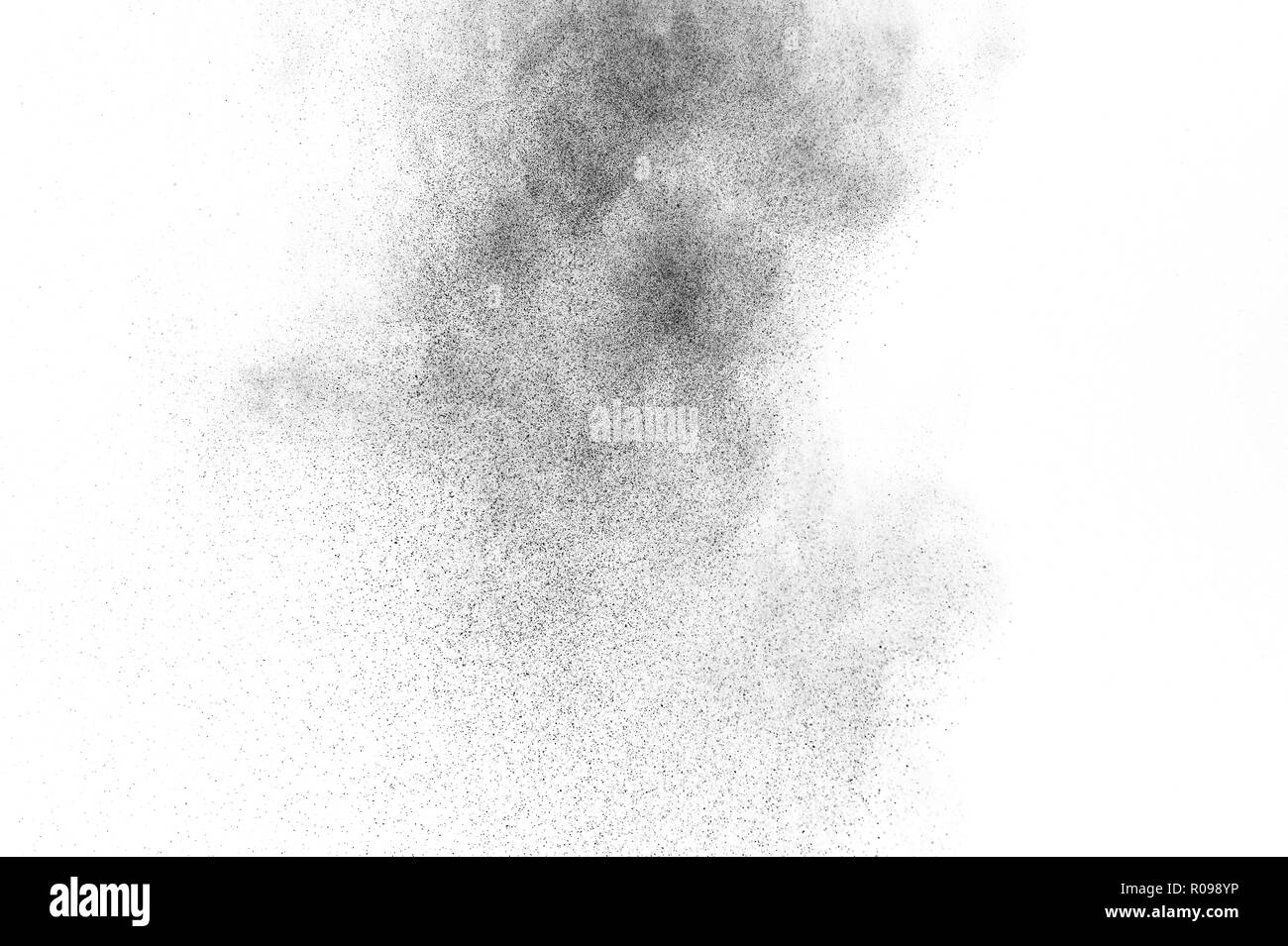 Black particles explosion isolated on white background. Abstract dust ...