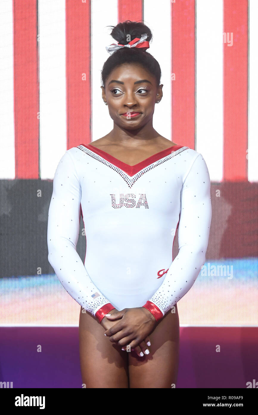 Doha, Qatar. 2nd Jan, 2016. SIMONE BILES smiles sideways as she is ...