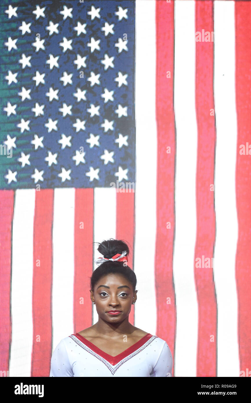 Doha, Qatar. 2nd Jan, 2016. SIMONE BILES stands in front of an American ...