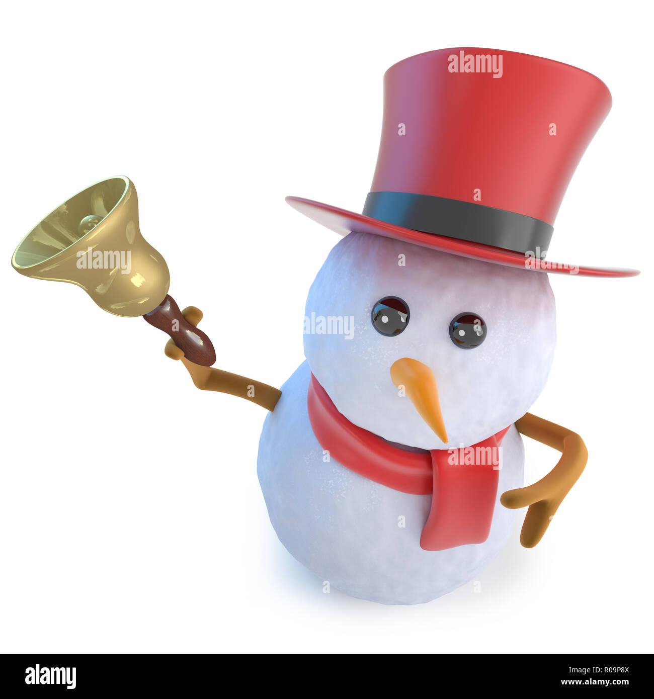 3d render of a funny cartoon snowman in top hat ringing a seasonal ...