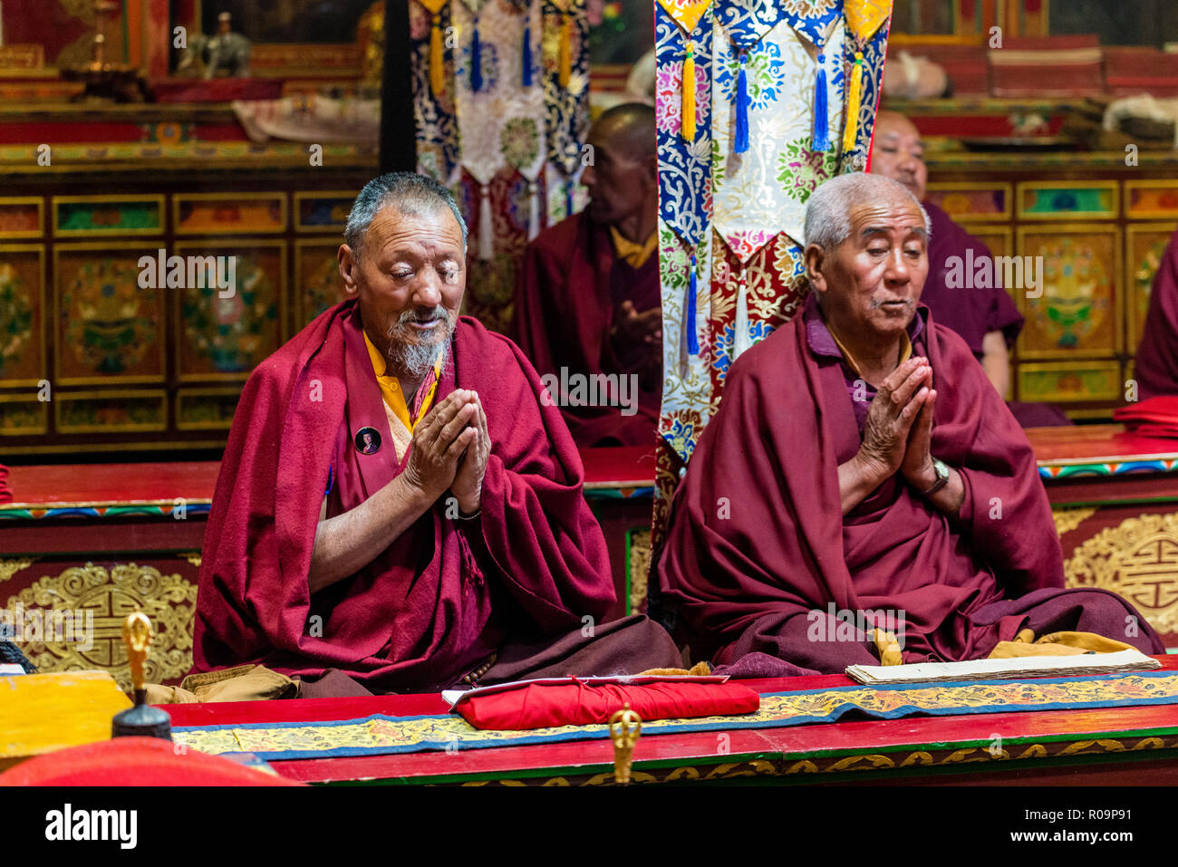 Two monks are praying at the Pooja, prayer, which is the opening ...