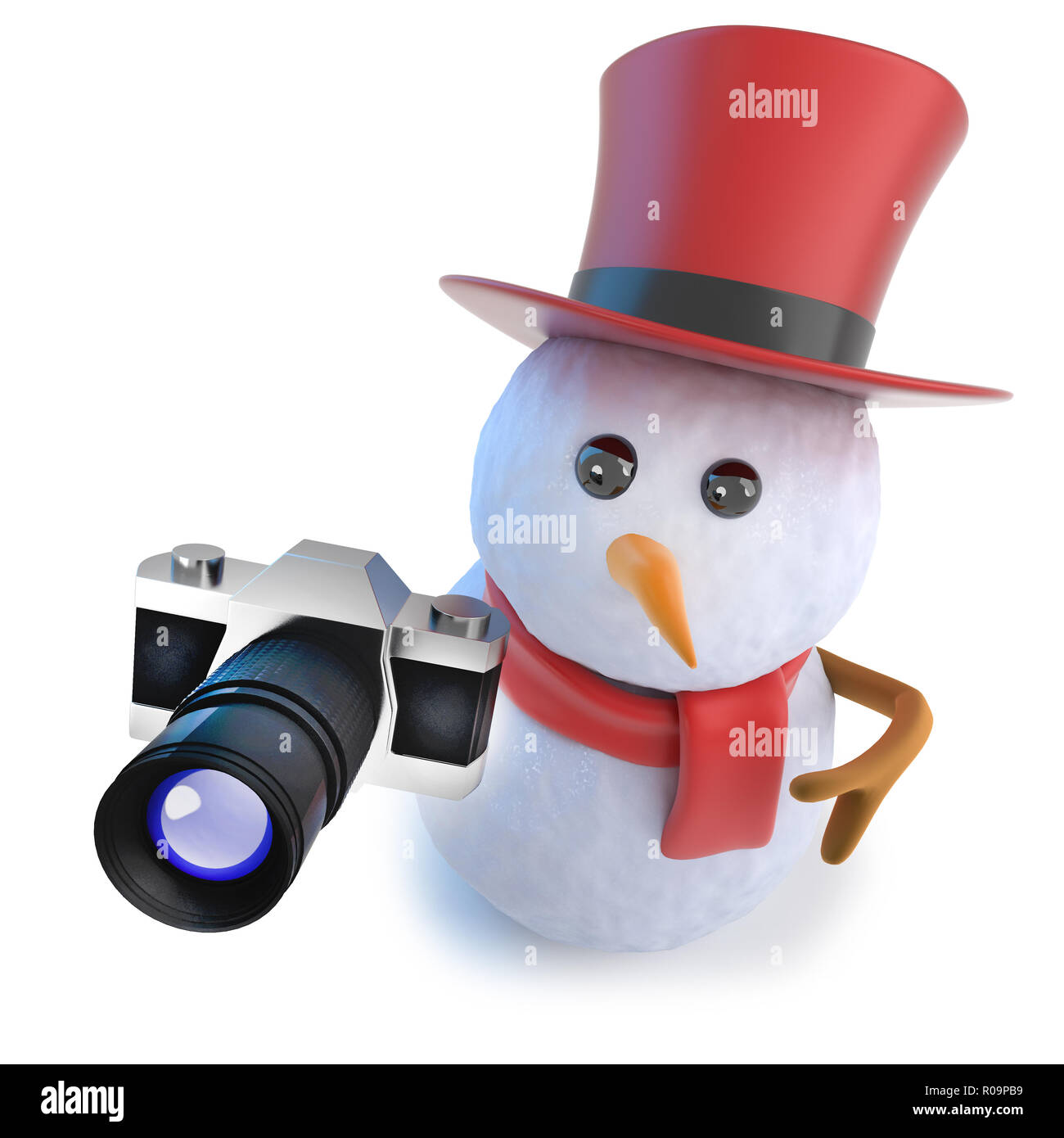 3d render of a funny cartoon snowman in top hat holding a camera Stock ...
