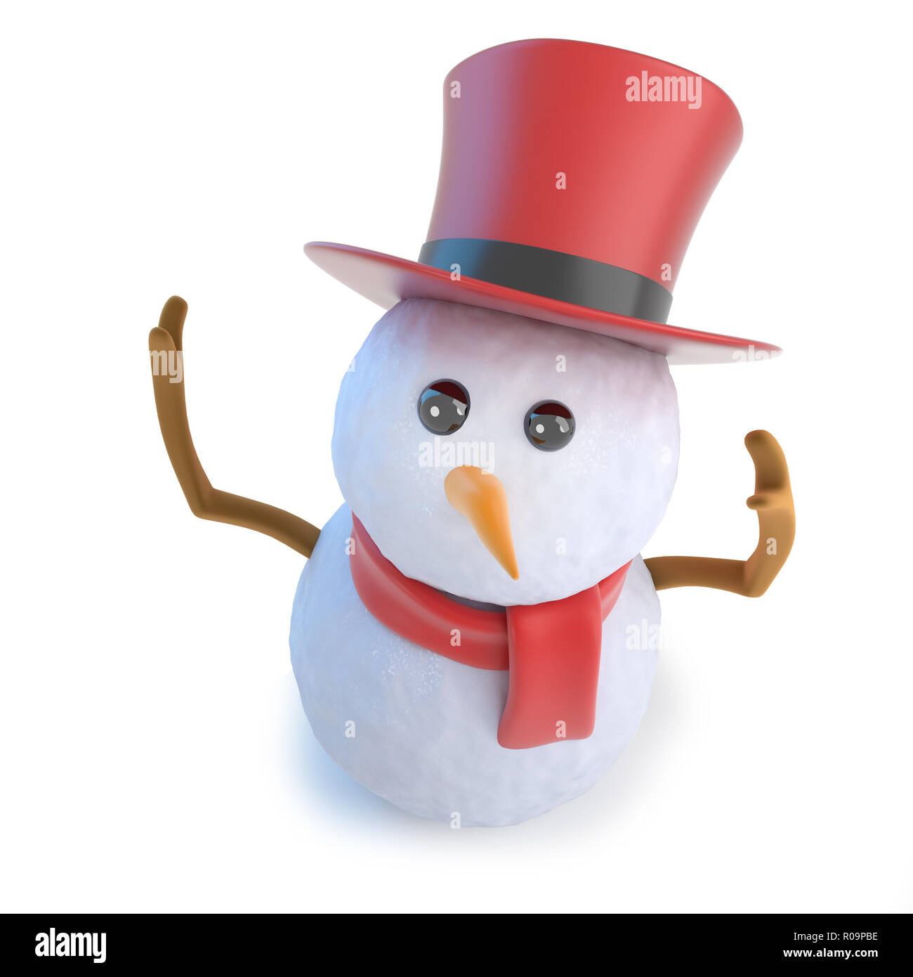 3d render of a funny cartoon snowman in top hat cheering with festive ...