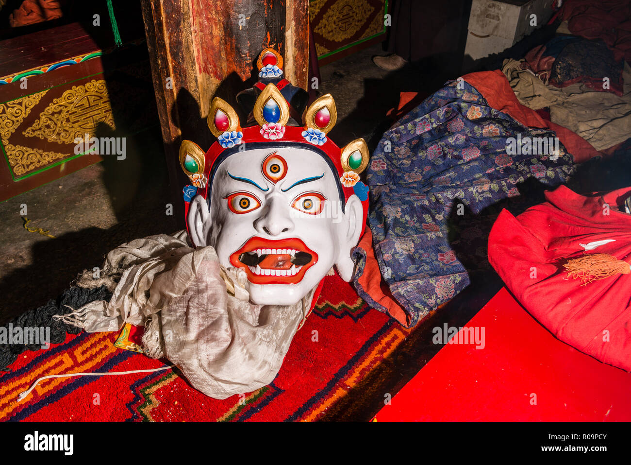 Colorful wooden masks are used for ritual dances by the monks at Hemis ...