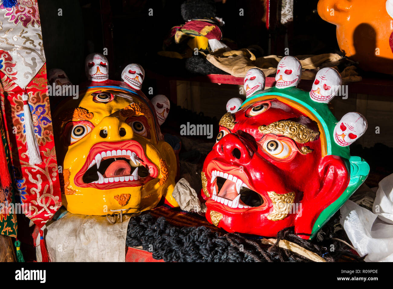 Colorful wooden masks are used for ritual dances by the monks at Hemis ...