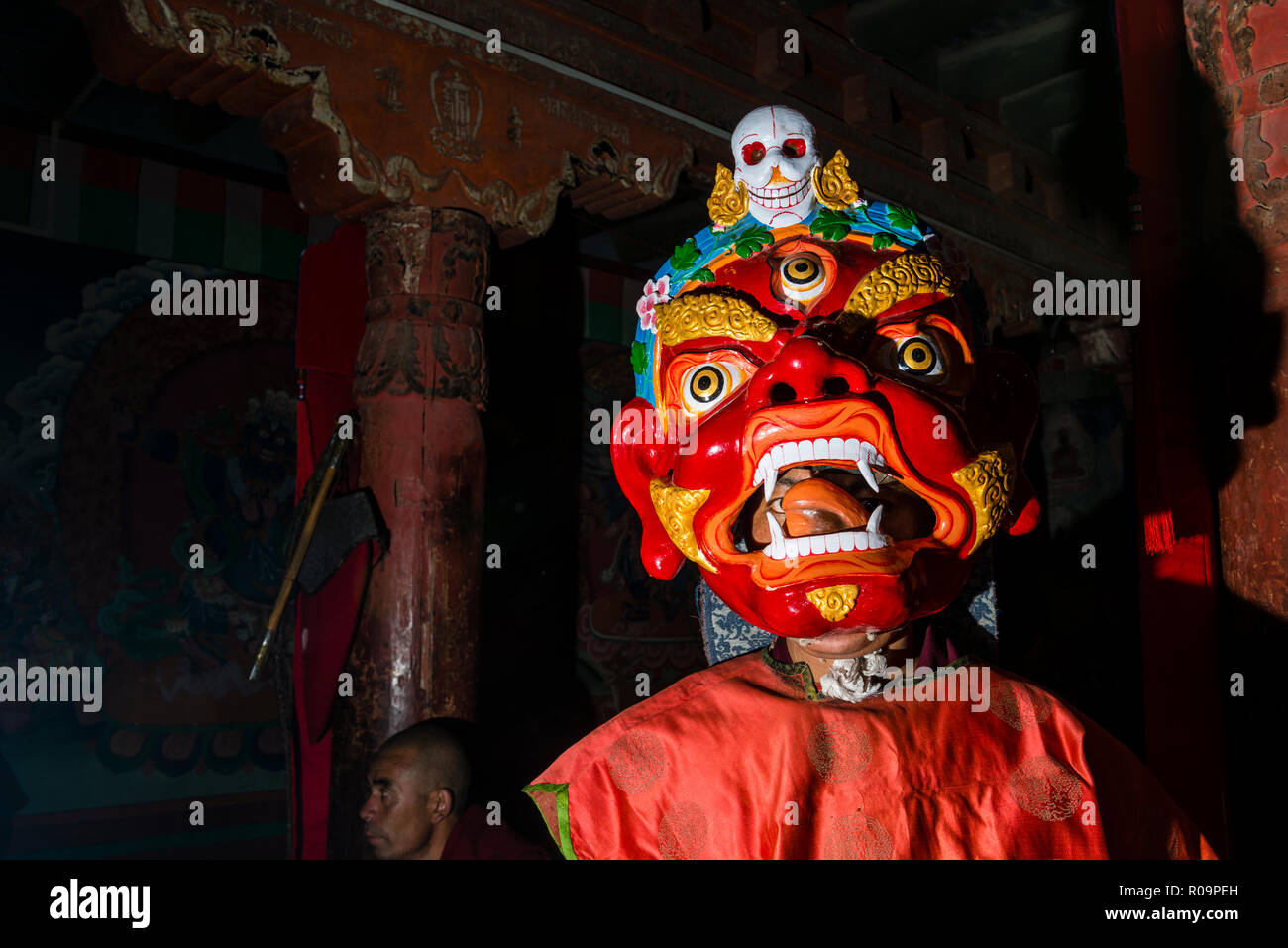 Colorful wooden masks are used for ritual dances by the monks at Hemis ...