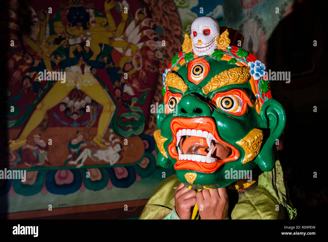 Colorful wooden masks are used for ritual dances by the monks at Hemis ...