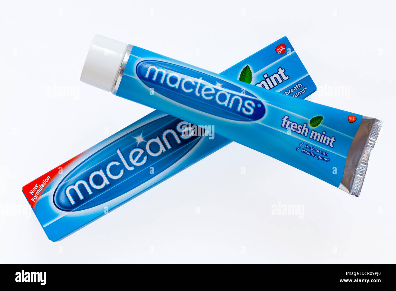Tube of Macleans fresh mint toothpaste on box isolated on white ...