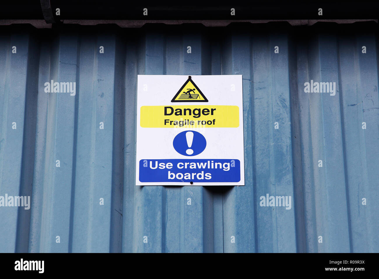 Danger fragile roof. Use crawling boards. Warning sign Stock Photo - Alamy