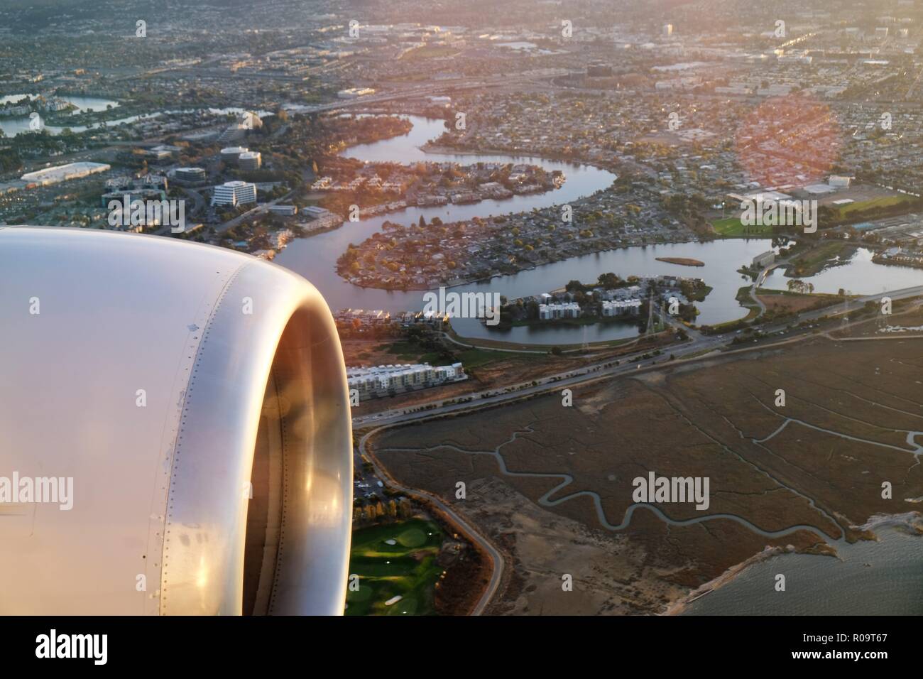 View from an airplane window; Northern California landscape with ...
