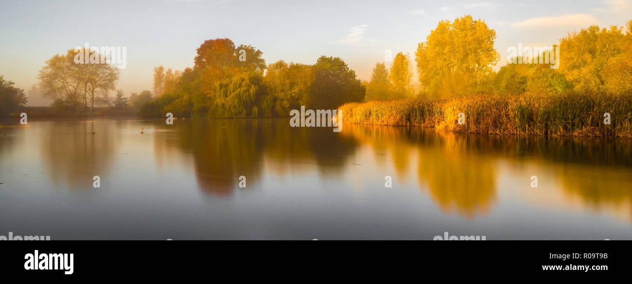View over Backwell Lake with mist and Autumn colour in the trees ...