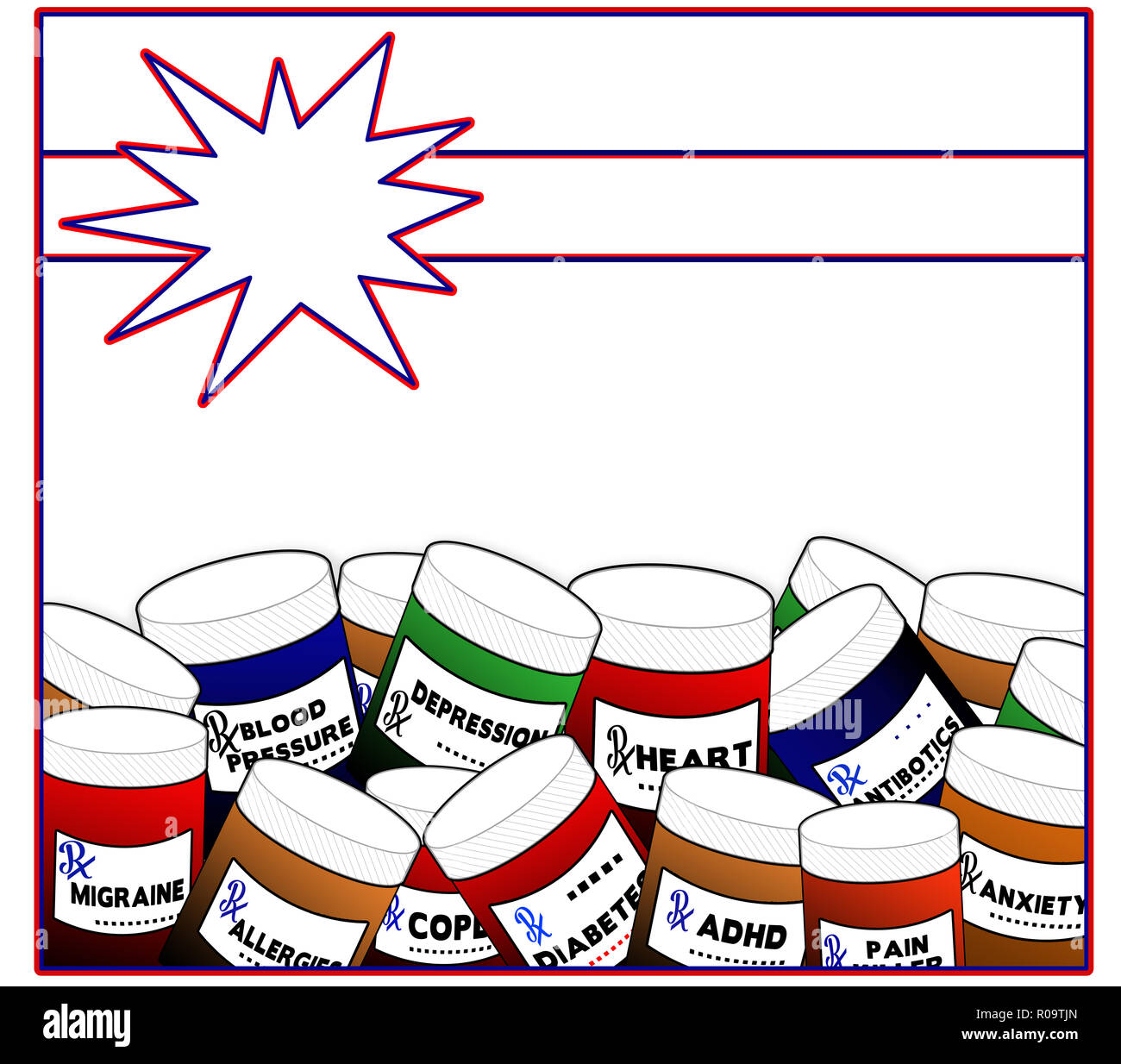 Graphic illustration of an assortment of medicine bottles and text area ...