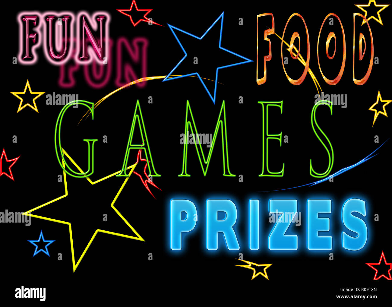 Graphic illustration ideal for events with neon bright text in many ... Graphic illustration ideal for events with neon bright text in many ...