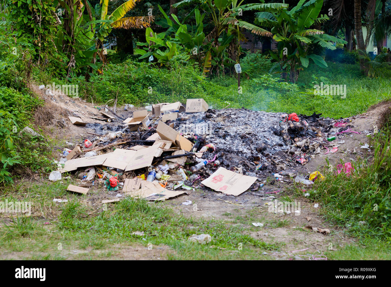 Burning waste in Tekek village on tropical Tioman island in Malaysia ...