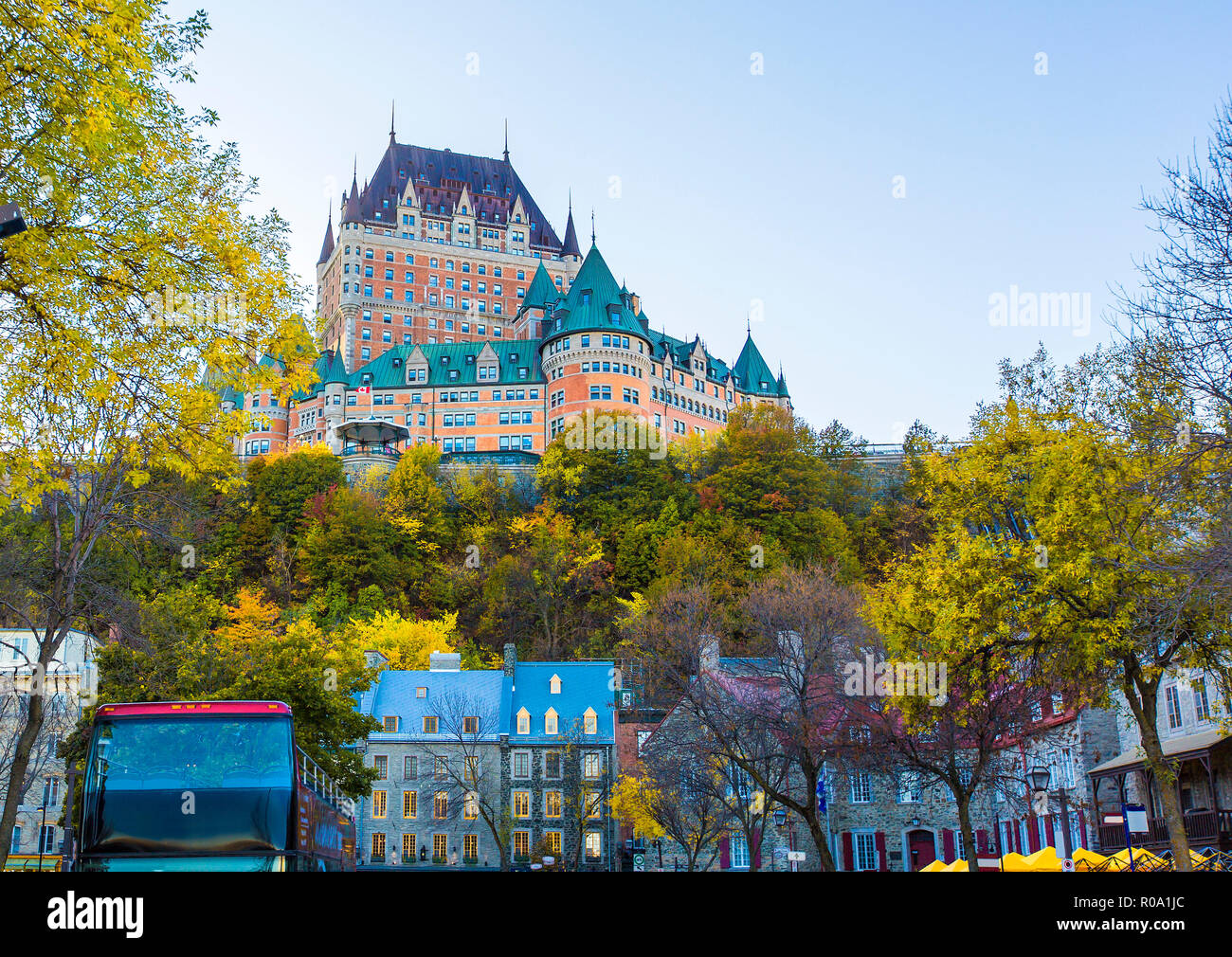 The Frontenac Castle in Old Quebec City in the beautiful autumn season ...