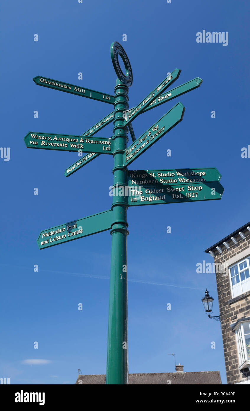 Signpost for pedestrians in Pateley Bridge indicating the direction to ...