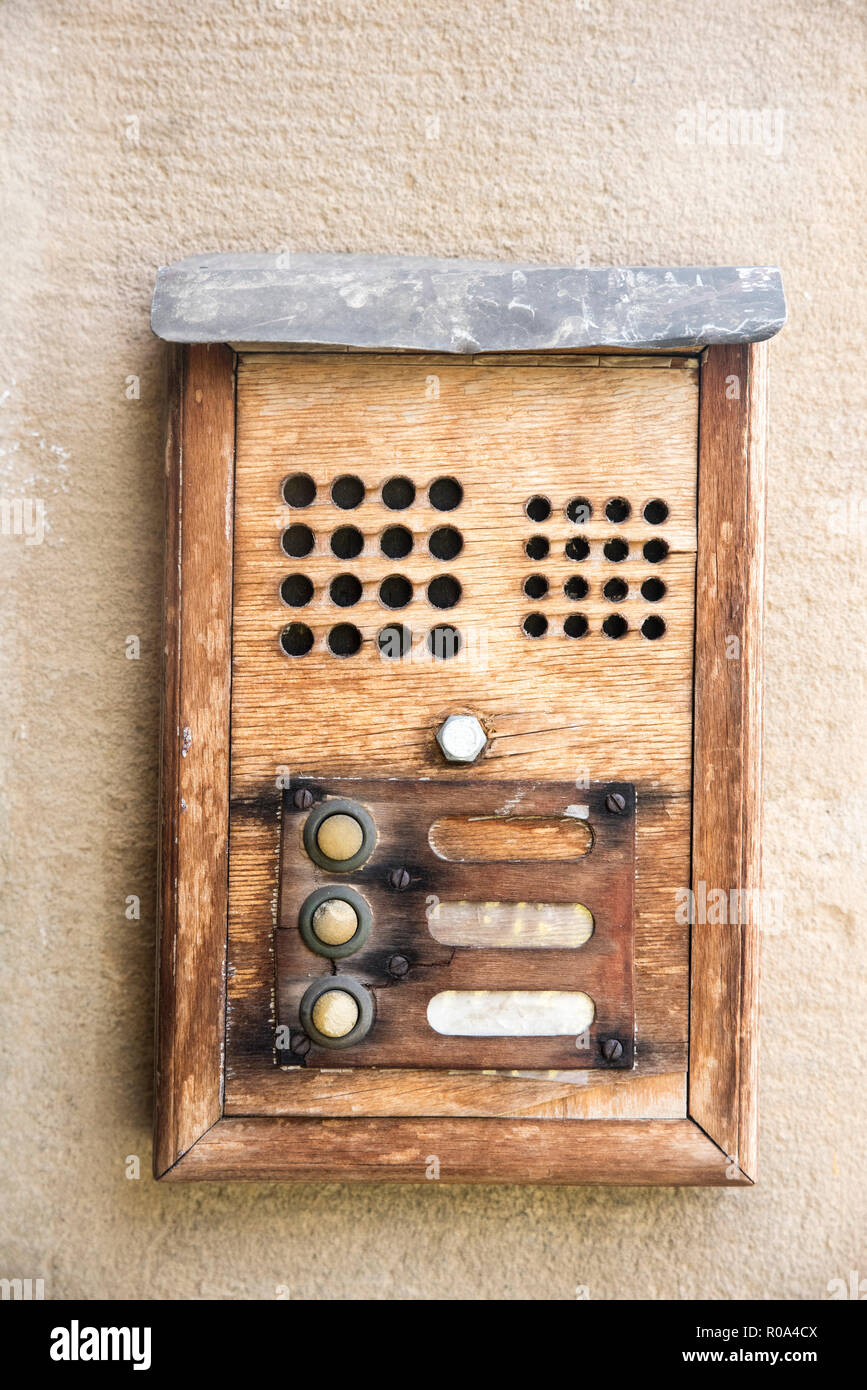 old vintage house bell fron iron and wood in Prague Stock Photo - Alamy