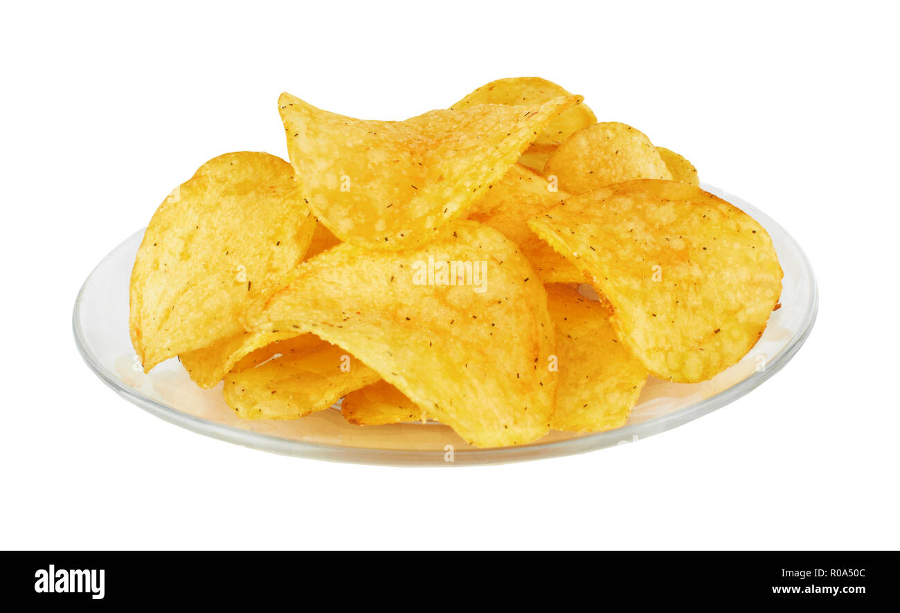 potato crisps on the plate isolated on white Stock Photo - Alamy
