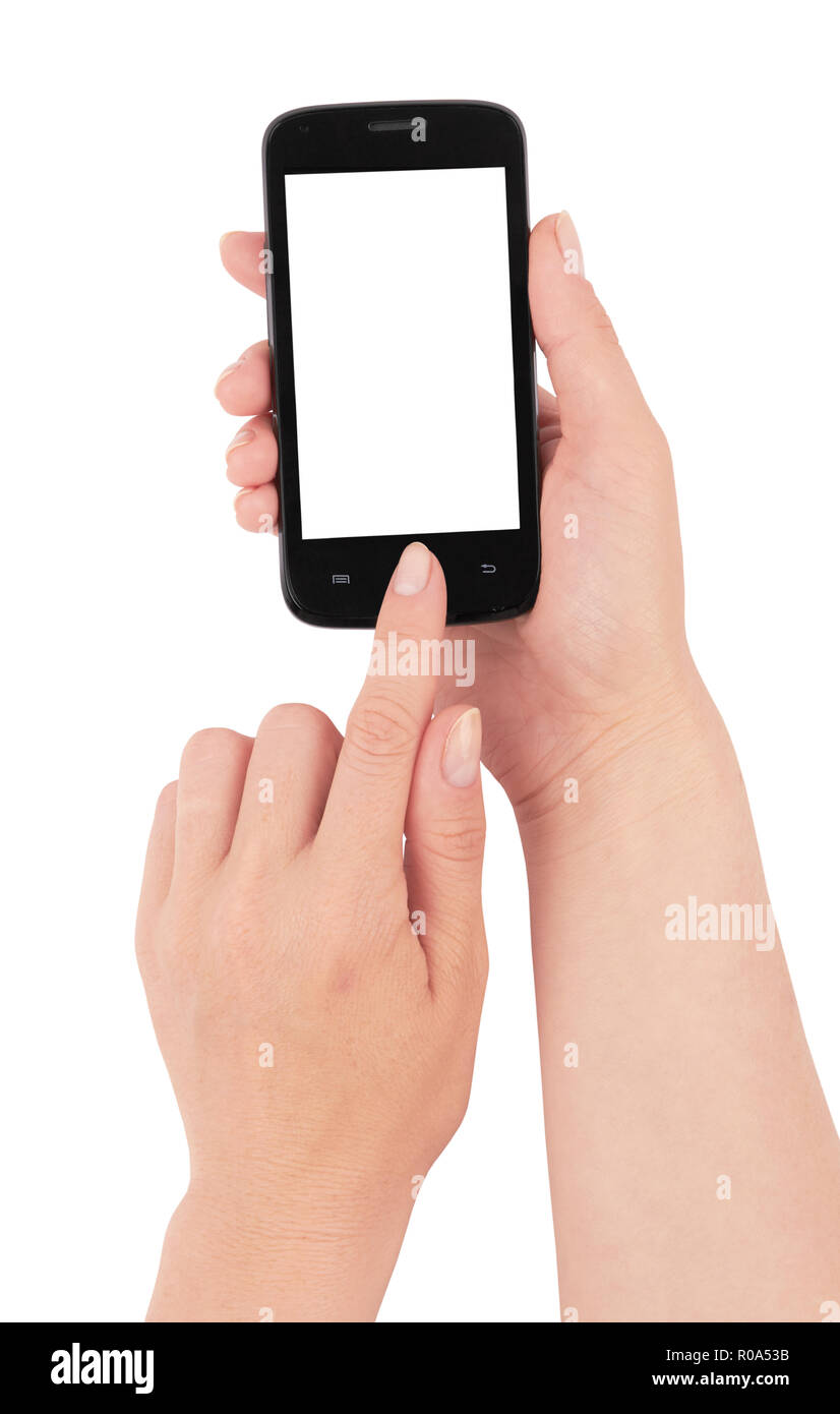 Touch screen mobile phone in hand isolated on white background Stock ...
