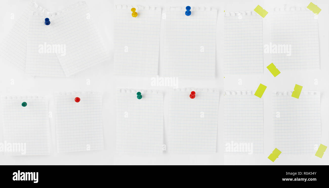 collection of note papers with push pins on white background. each one ...