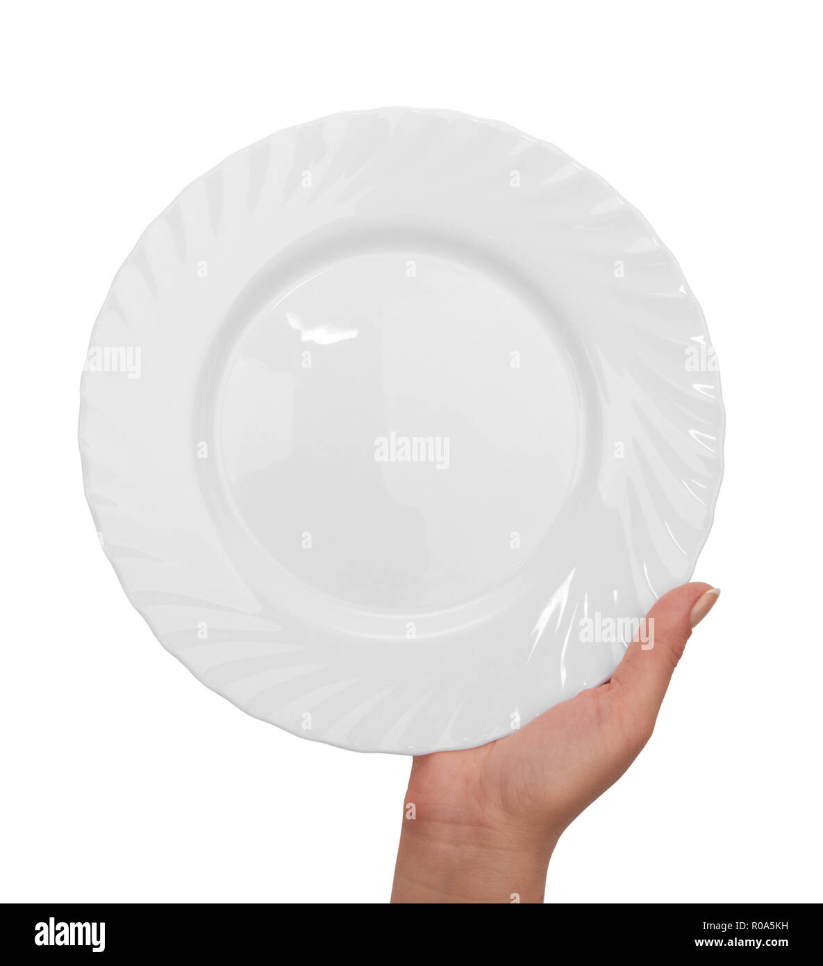 white kitchen plate with hand on white background Stock Photo - Alamy