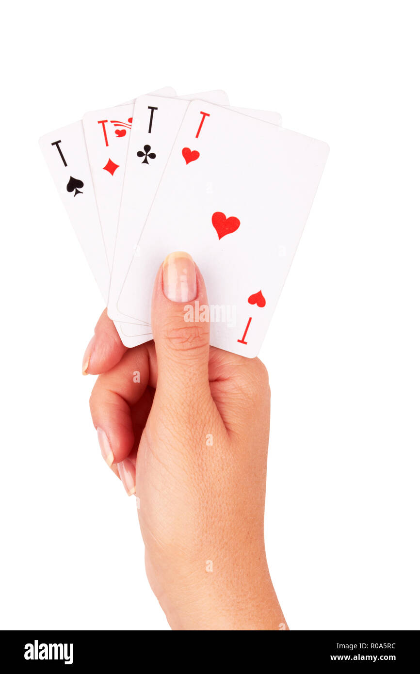 Playing cards in hand isolated on white background Stock Photo - Alamy